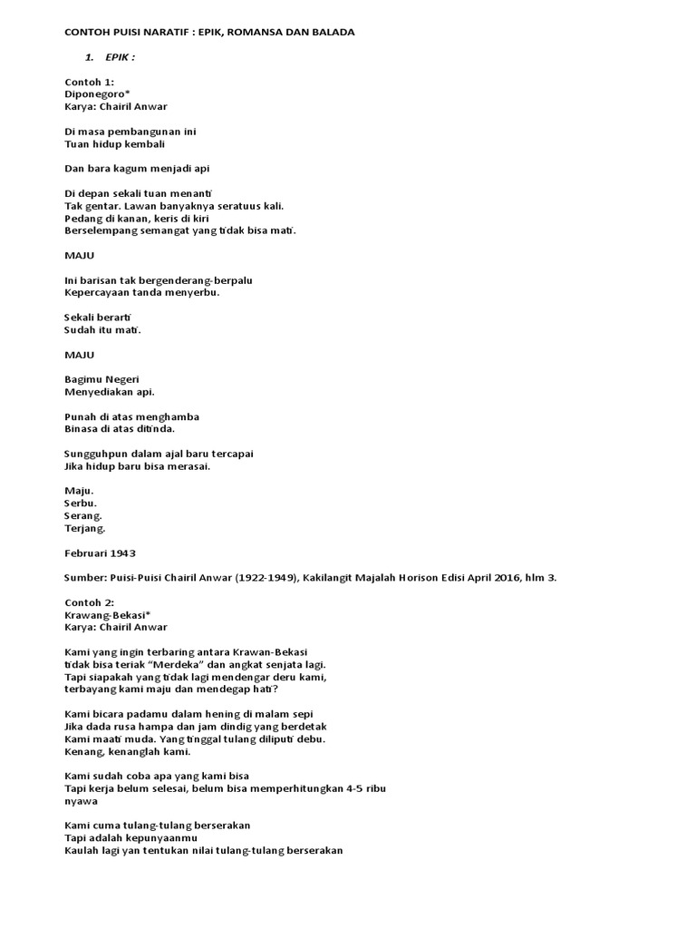 CONTOH PUISI NARATIF - EPIK ROMANSA Dan BALADA | PDF