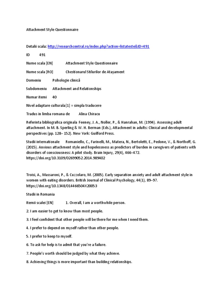 Attachment Style Questionnaire | Download Free PDF | Attachment Theory ...