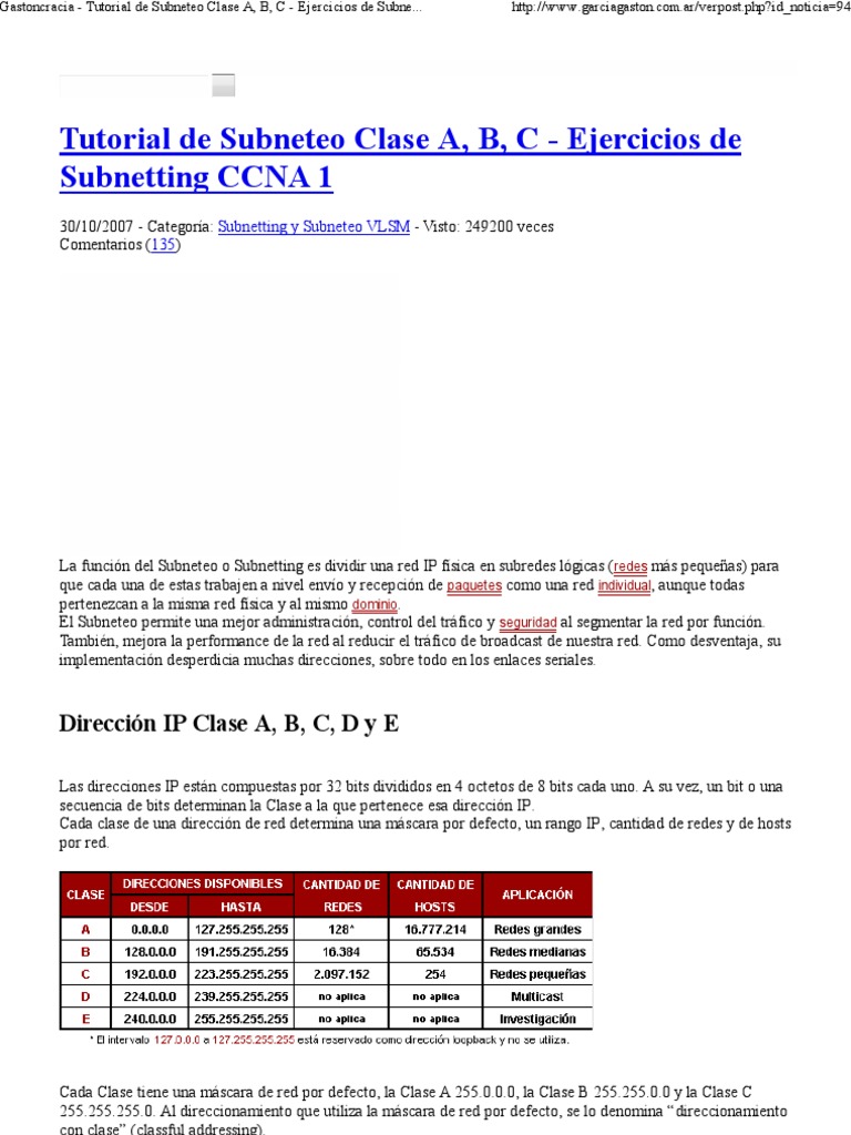 Tutorial de Subneteo Clase A, B, C - Ejercicios de Subnetting CCNA 1 | PDF | Dirección IP ...