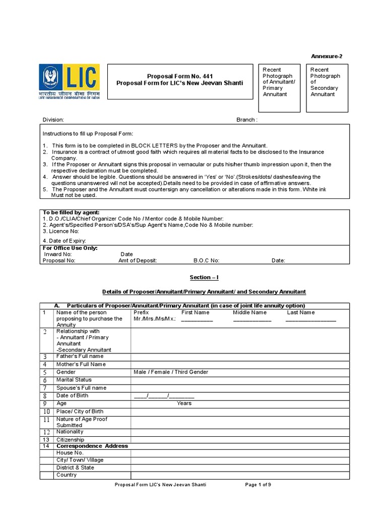 Jeevan Shanti: Proposal Form LIC's New Jeevan Shanti Page 1 of 9 | PDF ...