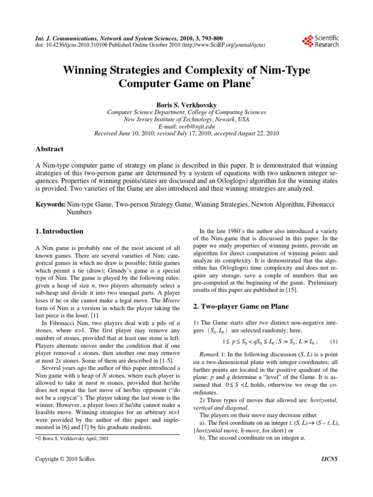 Winning Strategies and Complexity of Nim-Type Computer Game On Plane | PDF