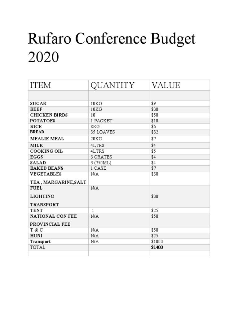 Rufaro Conference Budget 2020 | PDF