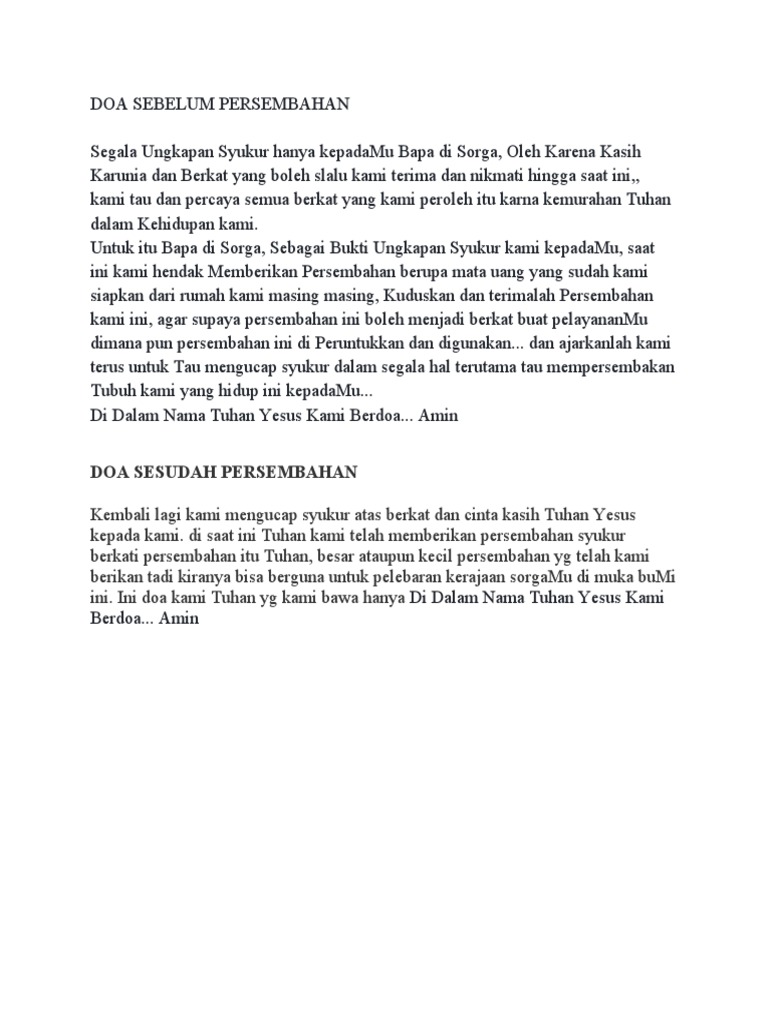 Doa Persembahan Kristen Singkat | PDF | Memasak, Makanan, & Anggur