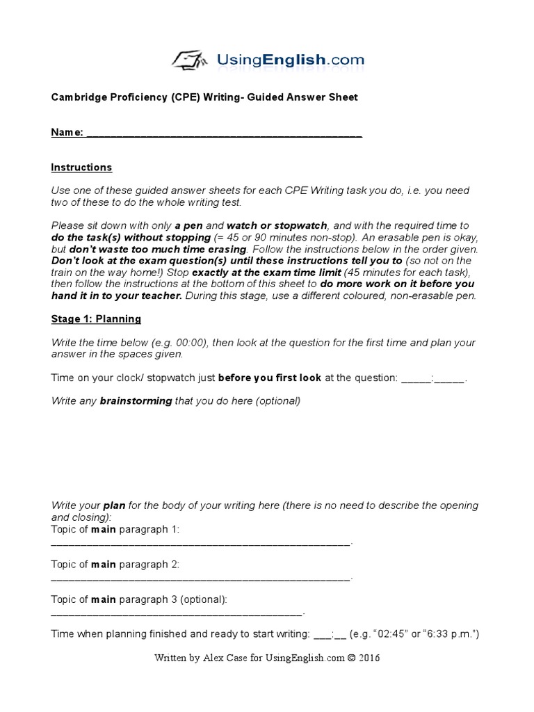 Cambridge Proficiency (CPE) Writing-Guided Answer Sheet | PDF | Test ...