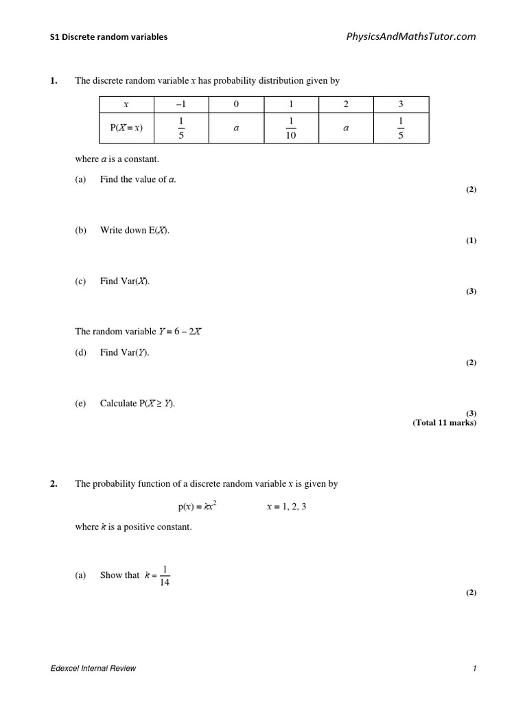 S1 Discrete Random Variables | PDF | Probability Distribution | Variance