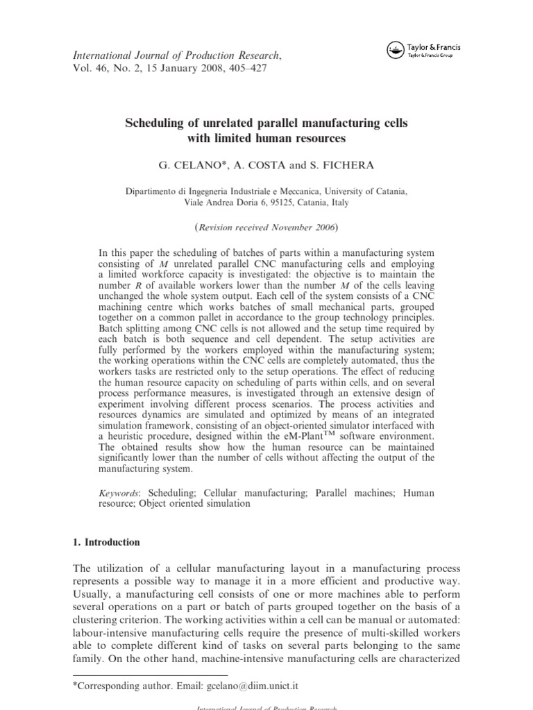 Scheduling of Unrelated Parallel Manufacturing Cells With Limited Human Resources | PDF ...