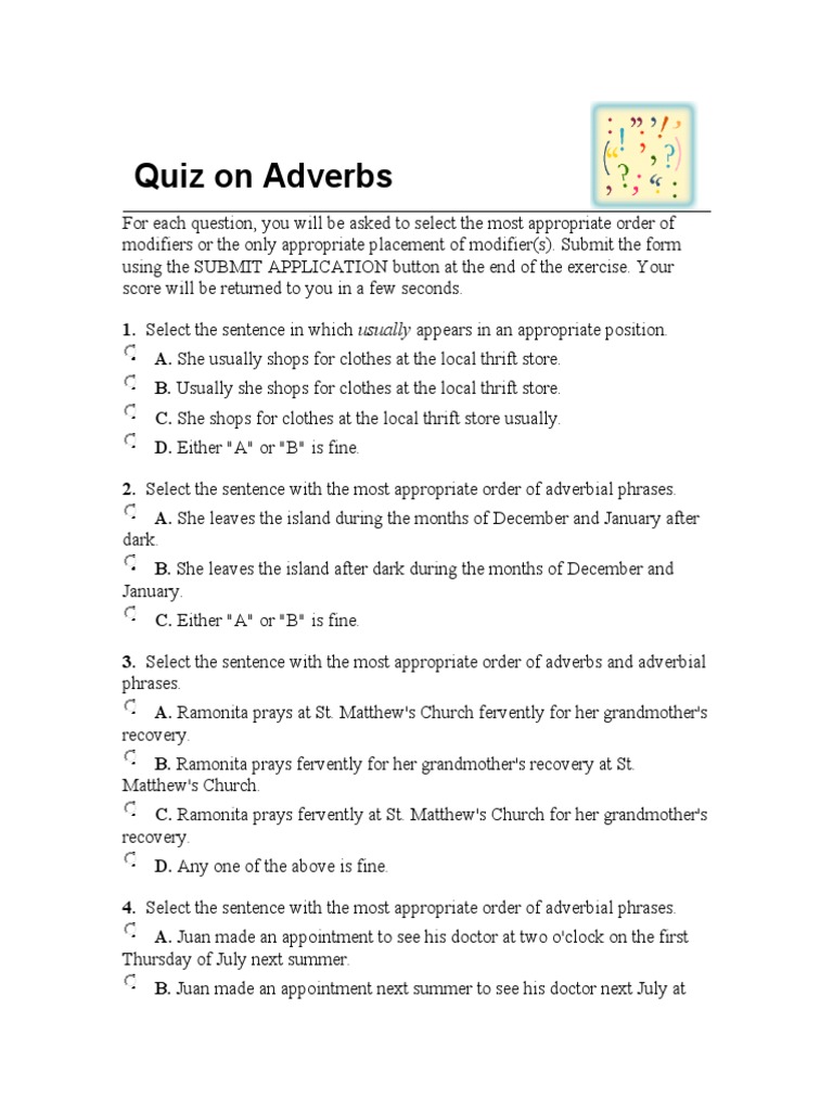 Quiz On Adverbs | PDF | Adverb | Vocabulary