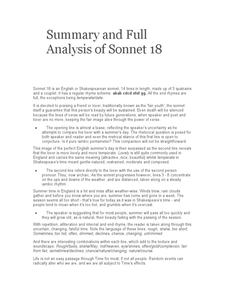 Summary and Full Analysis of Sonnet 18 | PDF | Sonnets | Shakespeare's Sonnets