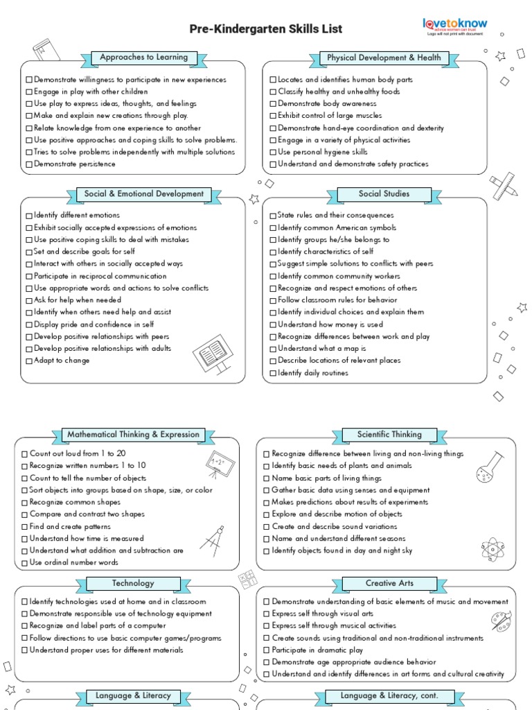 Pre-Kindergarten Skills List: Approaches To Learning Physical ...