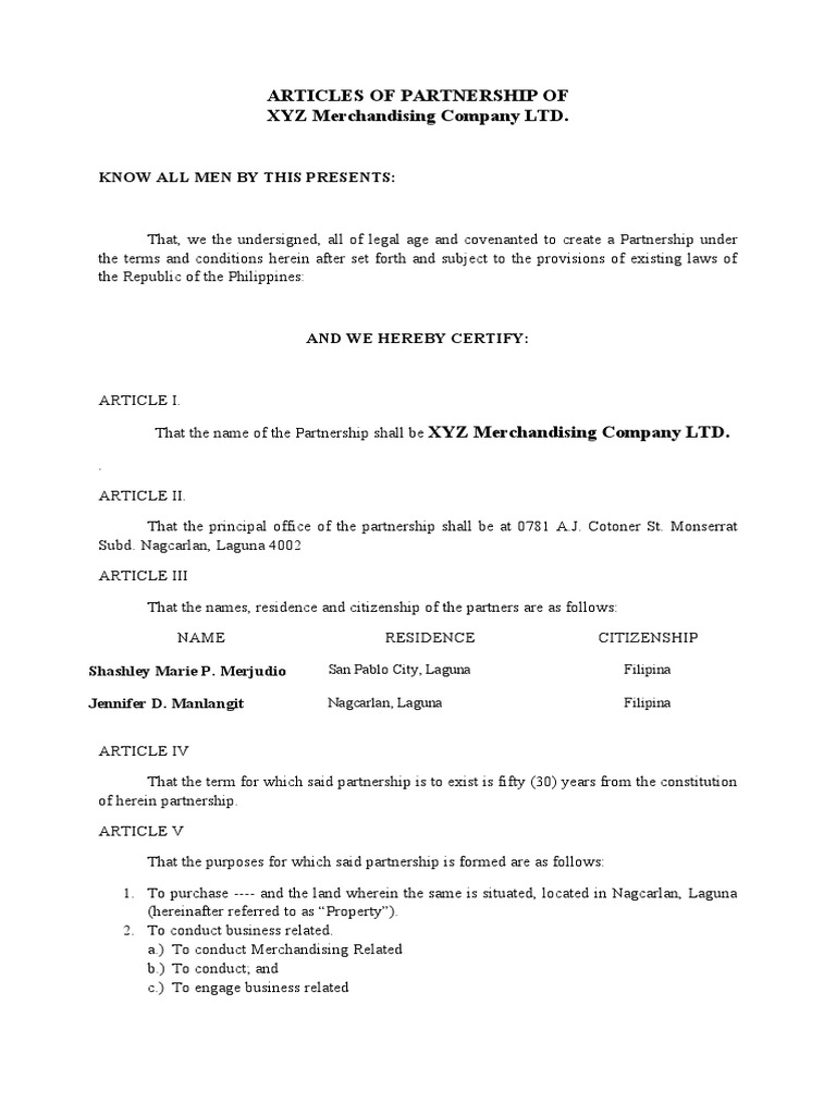 Articles of Partnership | Download Free PDF | Partnership | Civil Law ...