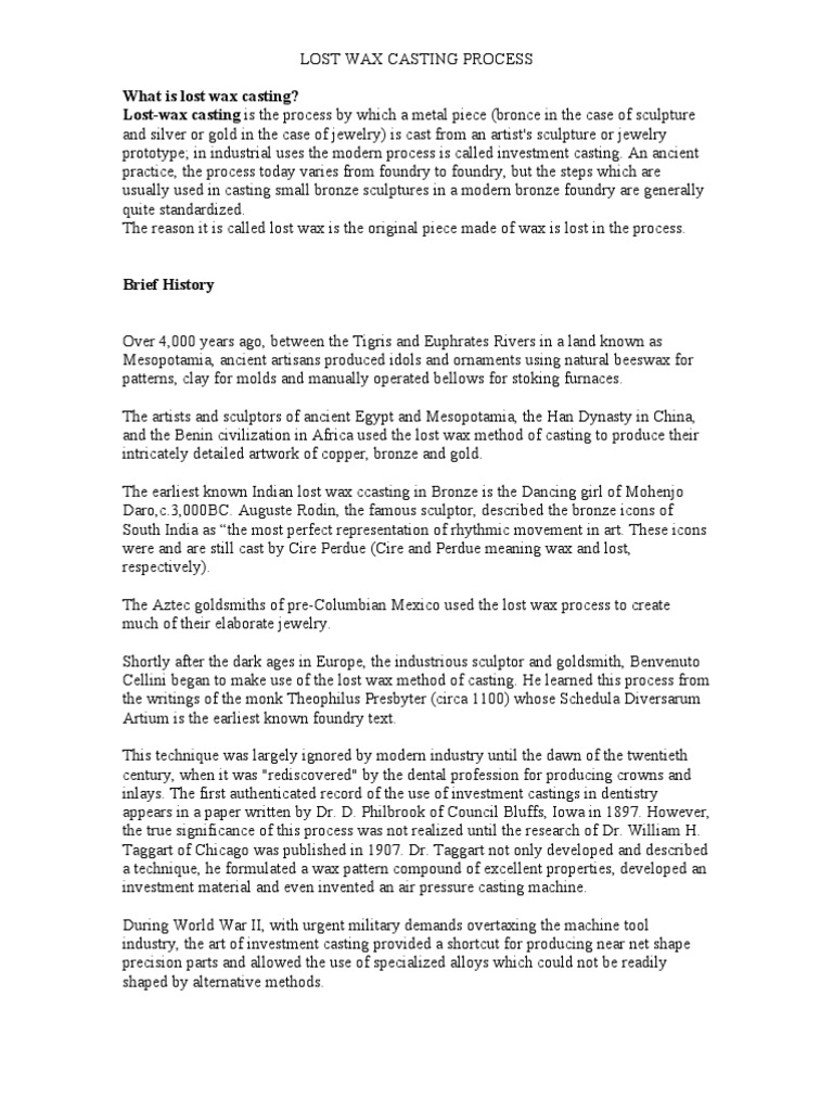 Lost Wax Casting Process Pdf Sculpture Business Process