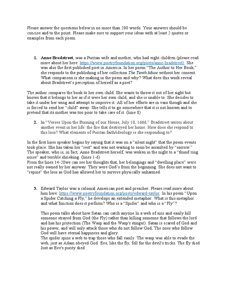 Assignment - Bradstreet and Taylor | PDF | Poetry