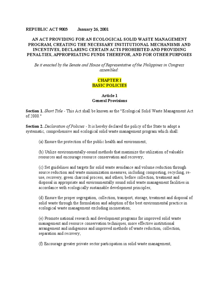 RA 9003: Ecological Waste Management Act | PDF | Waste Management ...