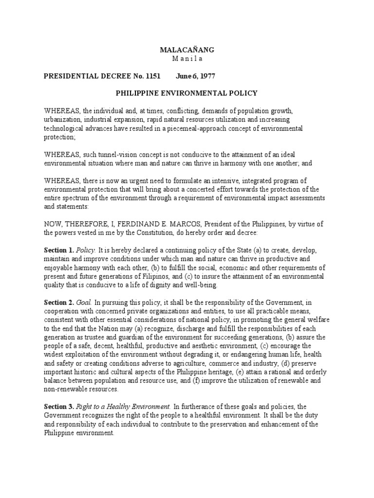 PD 1151 - Philippine Environmental Policy | PDF | Environmental Impact ...