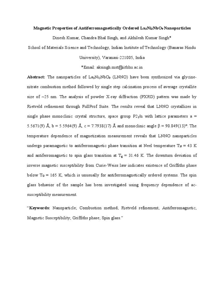 Magnetic Properties of Antiferromagnetically Ordered La3Ni2NbO9 ...