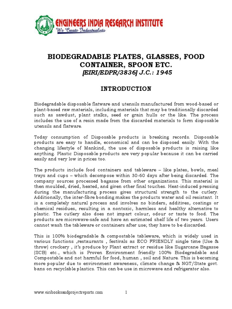 Project Report On Biodegradable Plates, Glasses, Food Container, Spoon ...