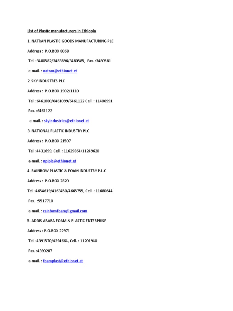 List of Plastic Manufacturers in Ethiopia: Natran@ethionet - Et | PDF
