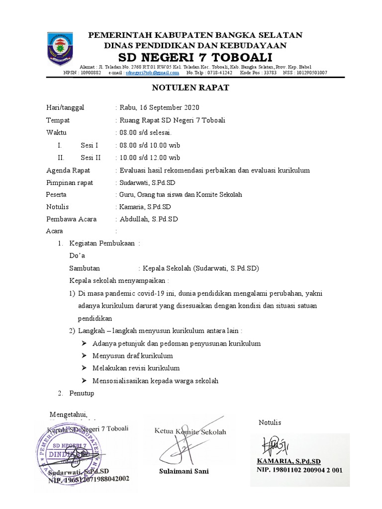 Notulen Rapat Evaluasi Kurikulum SD | PDF