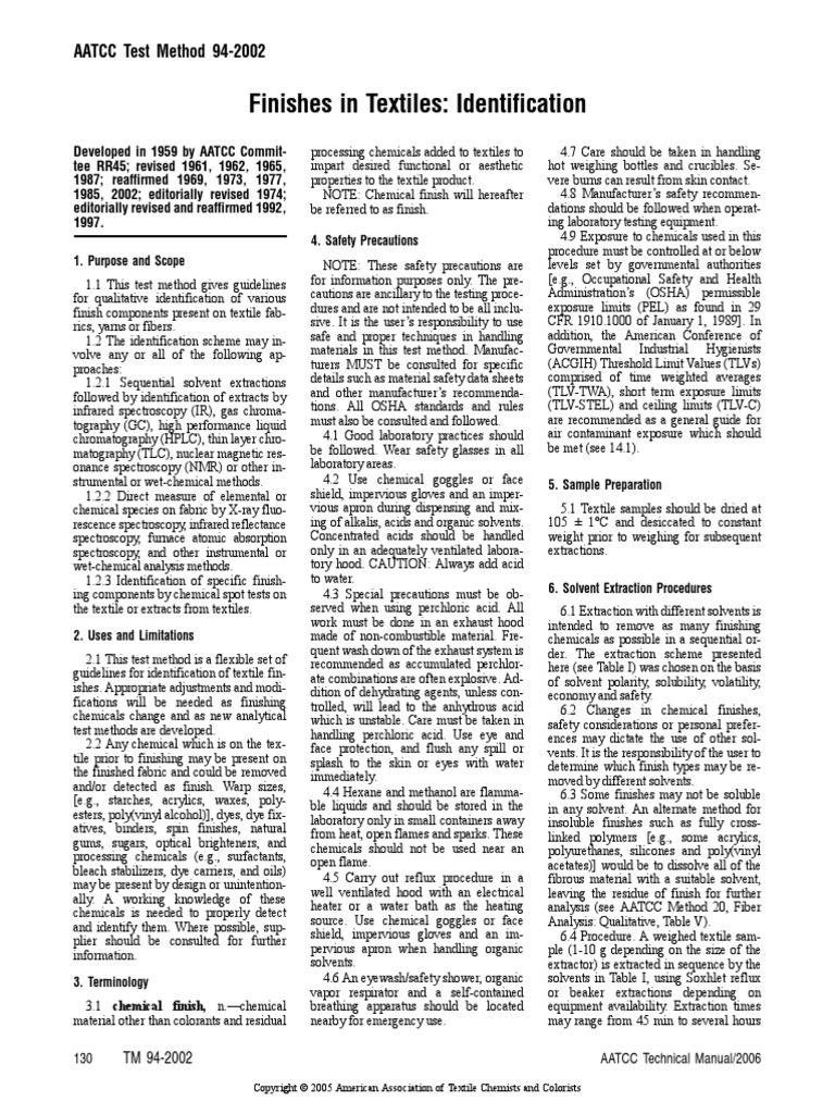 Finishes in Textiles: Identification: AATCC Test Method 94-2002 | PDF ...
