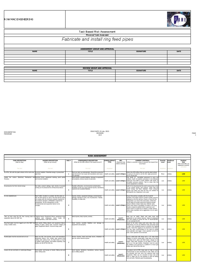 Fabricating and Installing Ring Feed Pipes: A Task-Based Risk ...