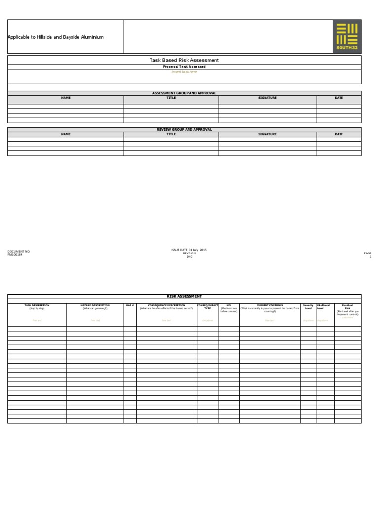 Applicable To Hillside and Bayside Aluminium: Task Based Risk ...