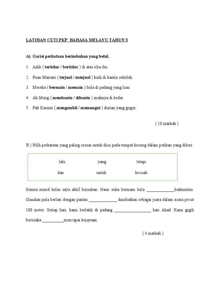 Latihan Cuti PKP Bahasa Melayu Tahun 3 | PDF