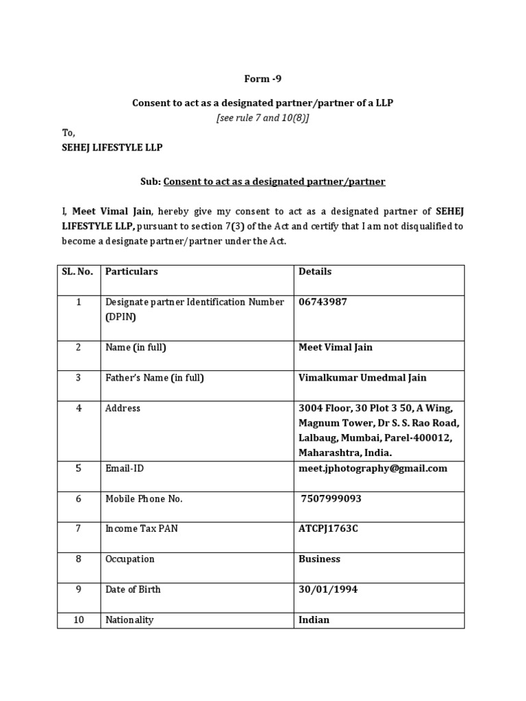 Form 9 - Consent of DP and Subscriber Sheet | PDF | Limited Liability Partnership | Law