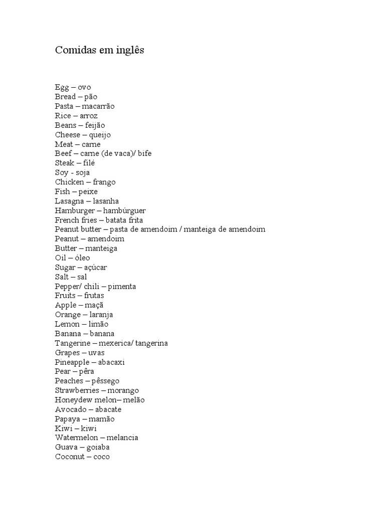 Comidas em Inglês | PDF