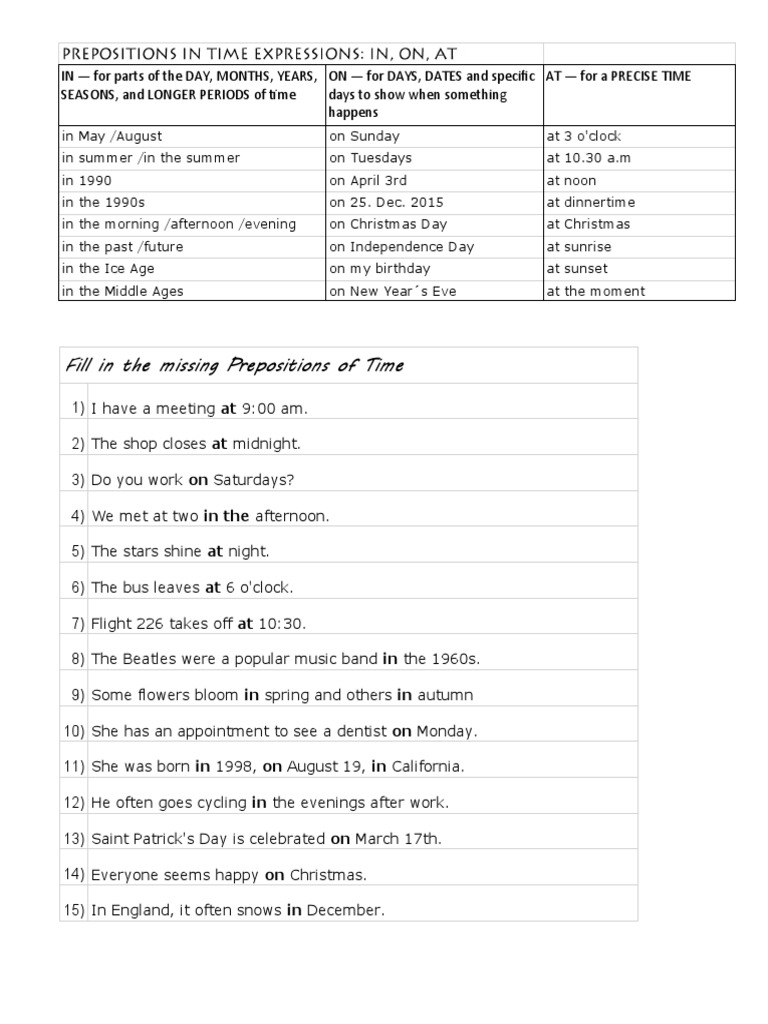 Fill in The Missing Prepositions of Time | PDF | Social Science | Travel