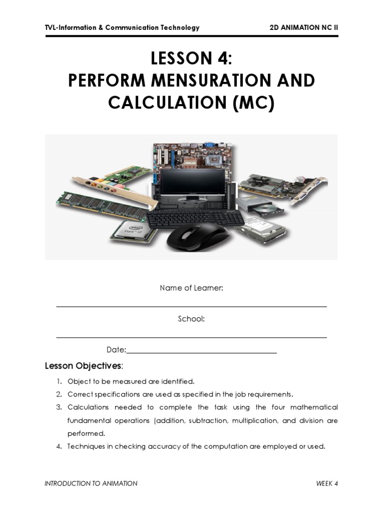 Lesson 4: Perform Mensuration and Calculation (MC) : TVL-Information & Communication Technology ...