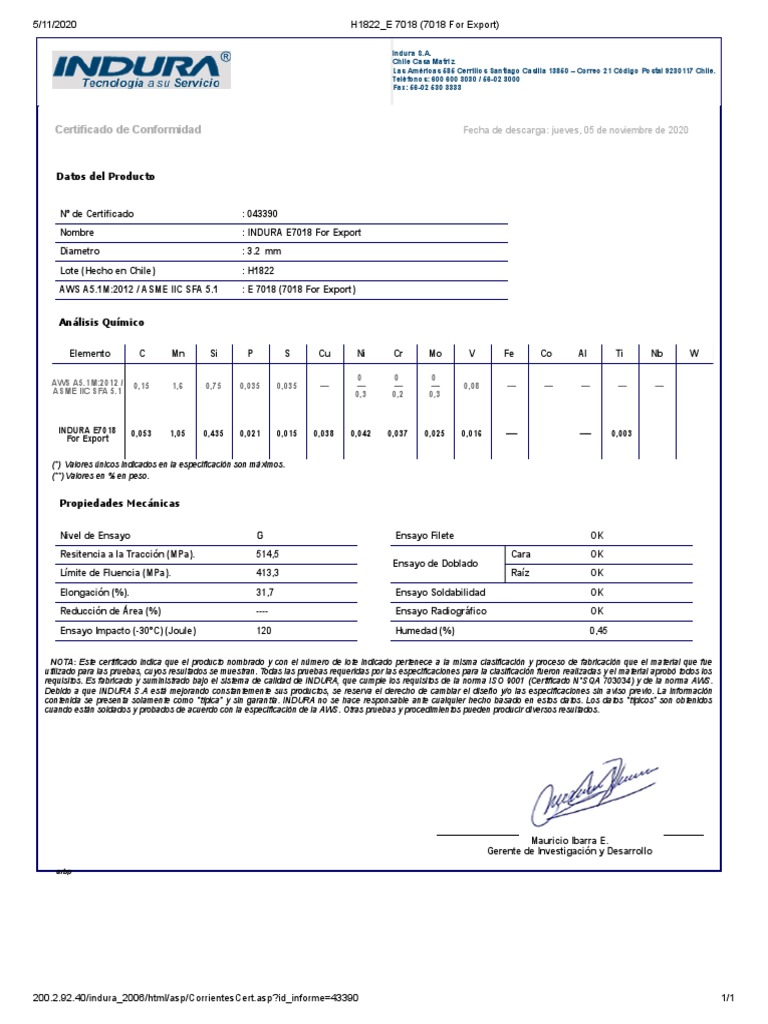 Certificado de Calidad Soldadura 7018 Lote H1822 PDF | PDF | Science ...