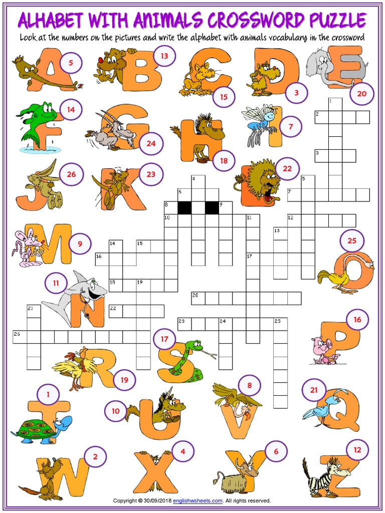 Alphabet Vocabulary Esl Crossword Puzzle Worksheet For Kids PDF | PDF ...
