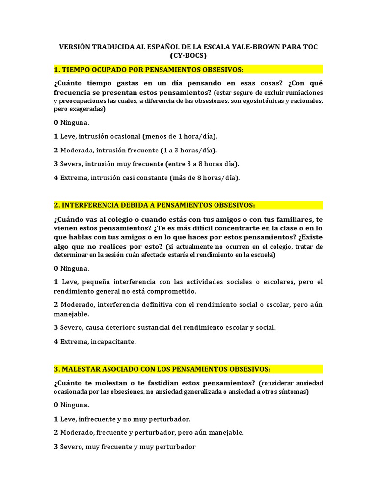 Escala Yale-Brown para TOC: Versión traducida al español (CY-BOCS-ES ...