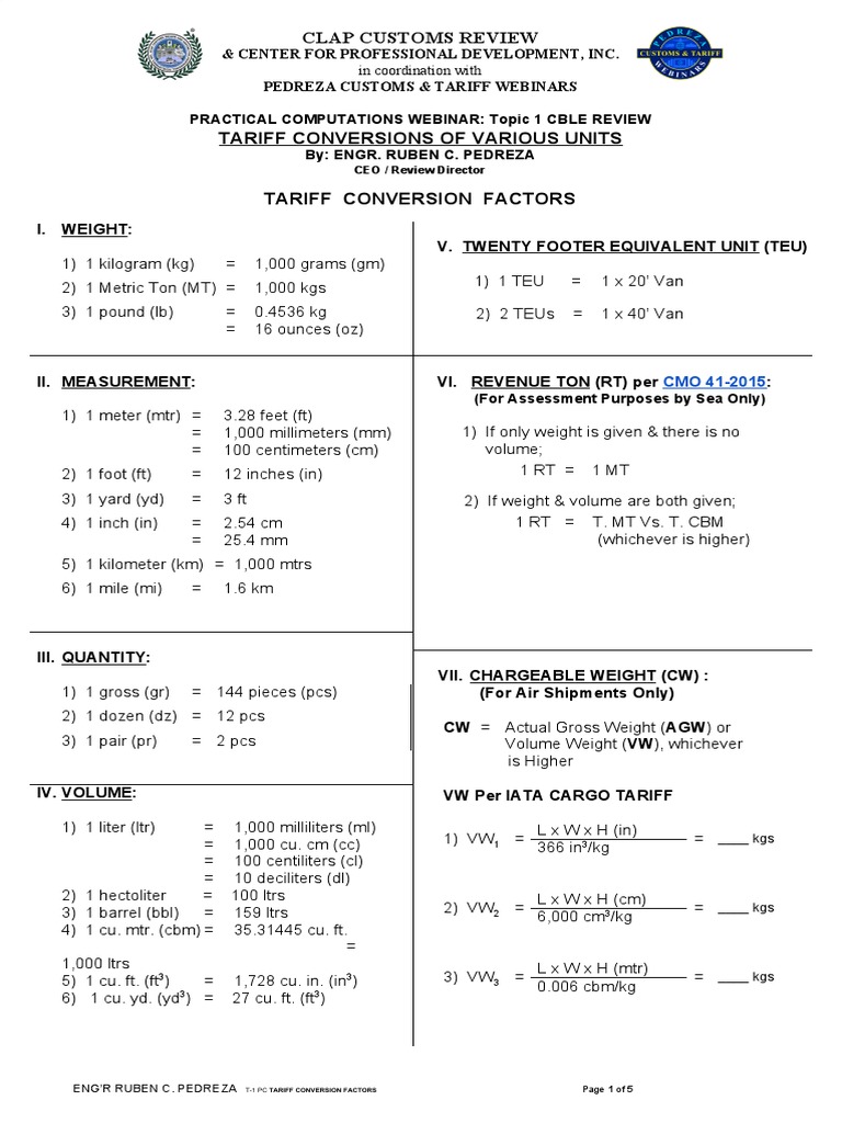 2020 PC Webinar Topic 1 - Conversion Factors HANDOUT PDF | PDF | Litre ...