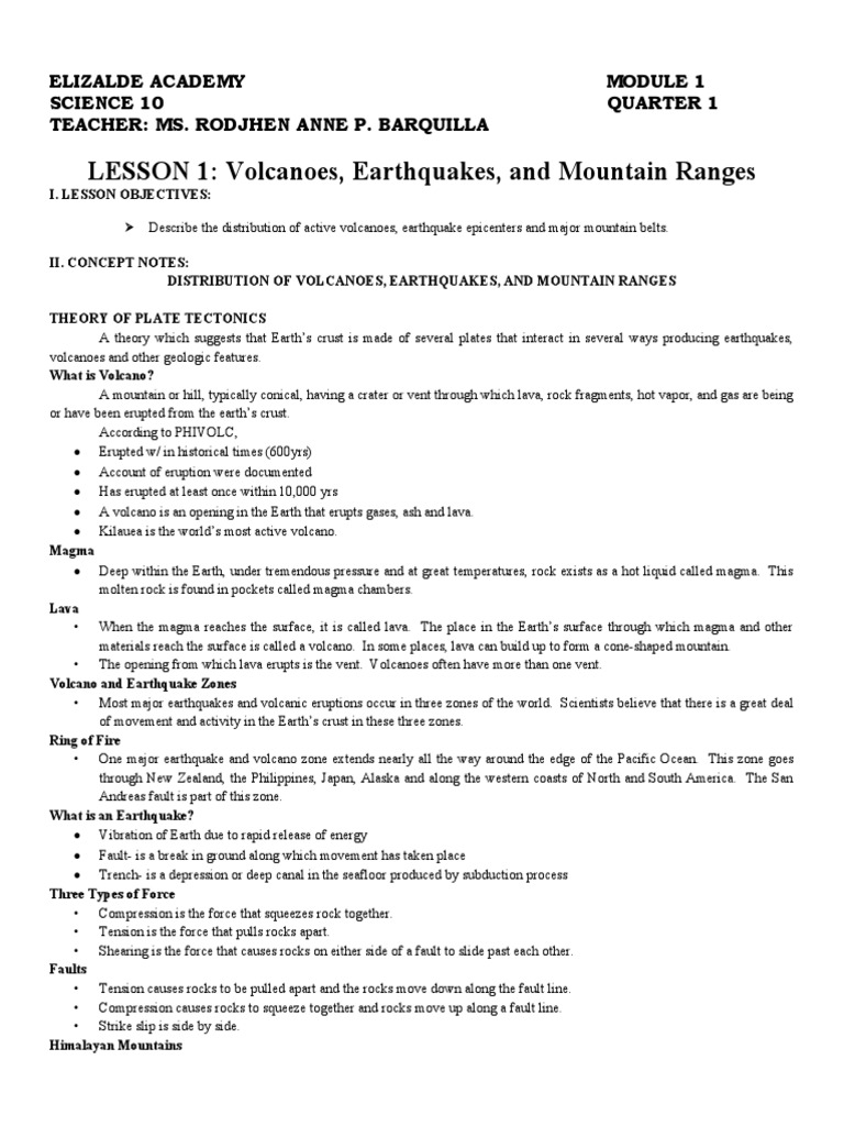 Volcanoes, Earthquakes, & Mountains Overview | PDF | Plate Tectonics ...