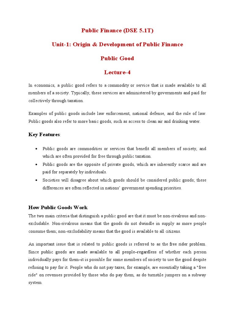 Public Finance - Public Good - Unit 1 - Lecture 4 | PDF | Public ...