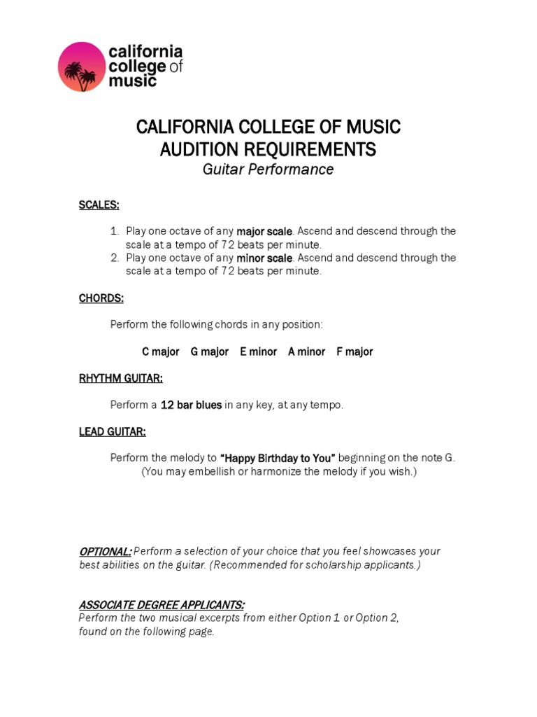 California College of Music Audition Requirements: Guitar Performance | PDF