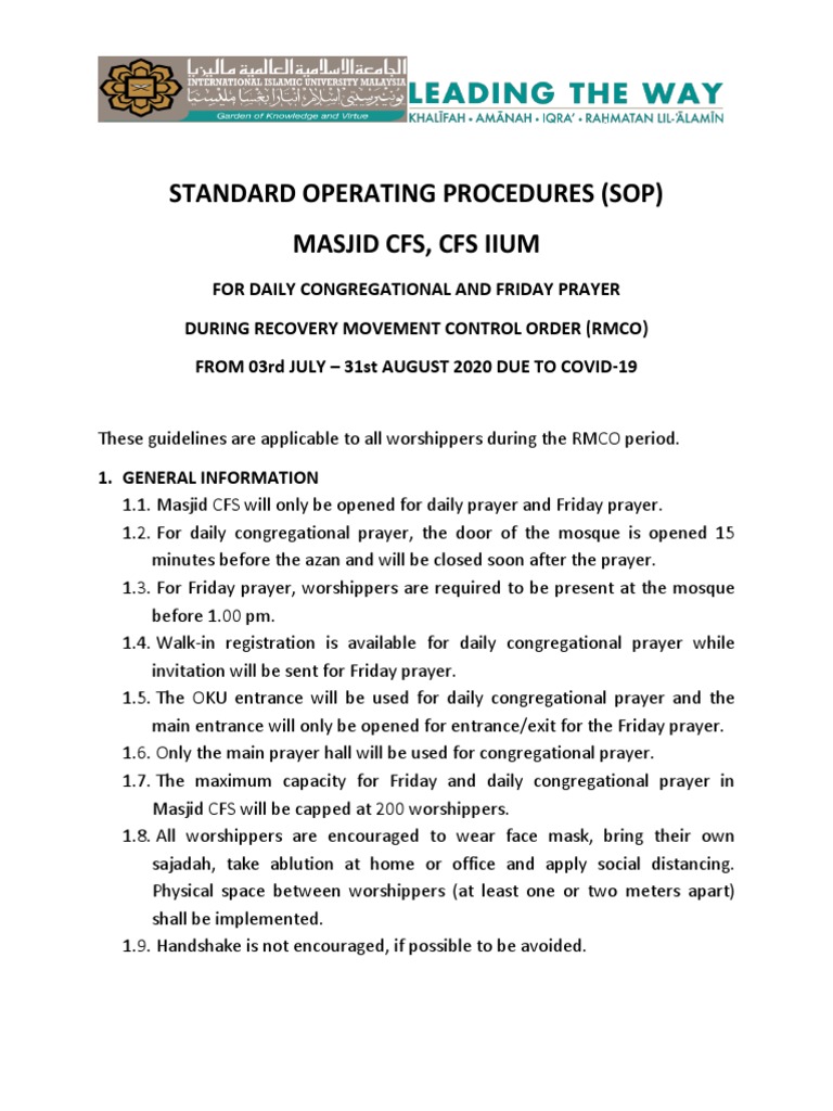 STANDARD OPERATING PROCEDURES Masjid CFS | PDF | Mosque | Hygiene
