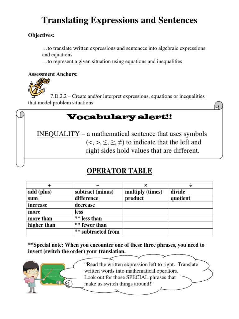 Notes - Translating Expressions and Sentences PDF | PDF | Inequality ...