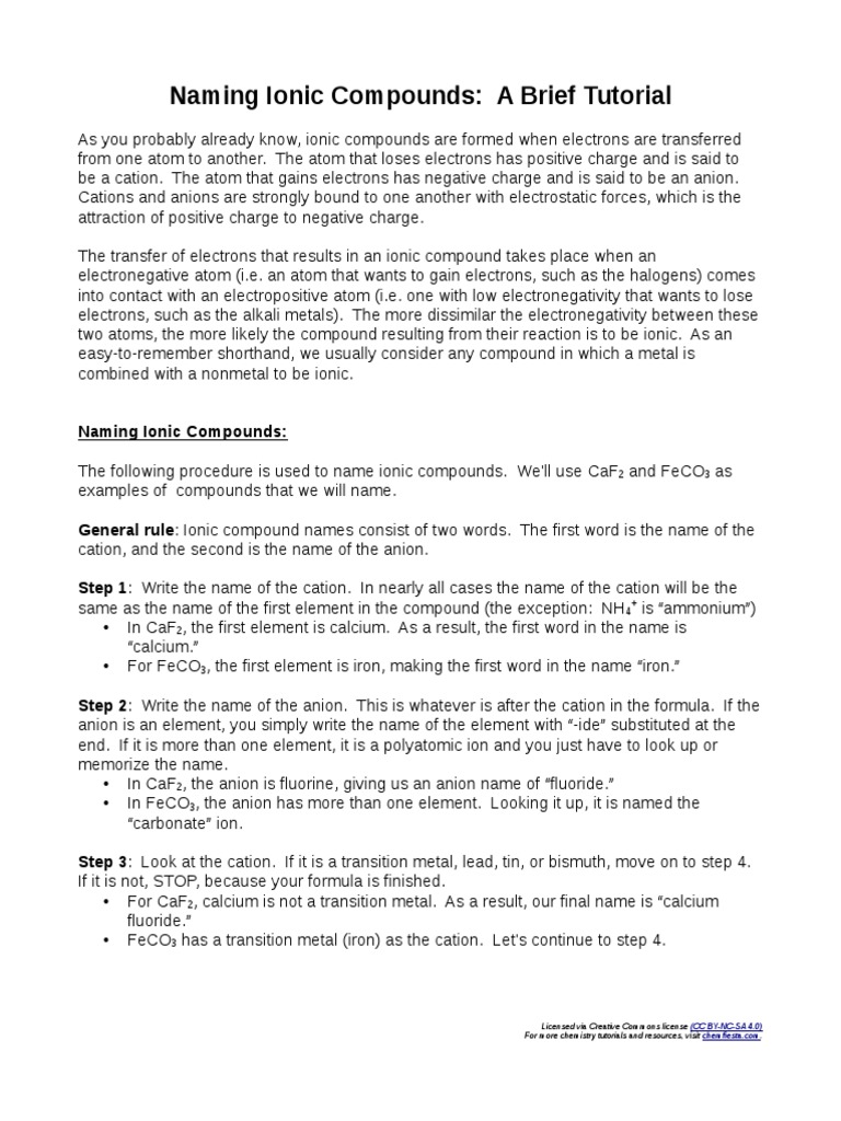 Naming Ionic Compounds: A Brief Tutorial | PDF | Ion | Chemical Compounds