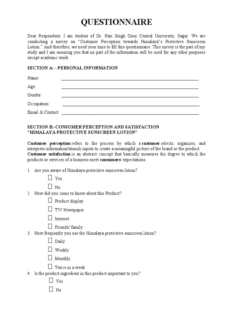 Questionnaire On Consumer Perception Towards Sunscreen Lotion | PDF ...