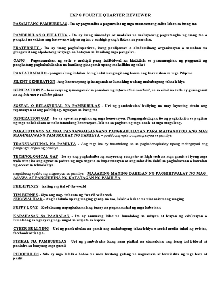 ESP 8 Reviewer 4TH Q | PDF