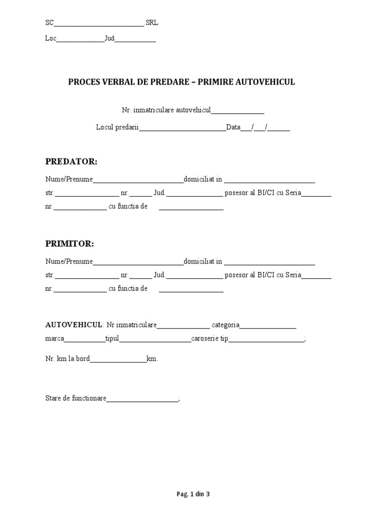 Proces Verbal de Predare-Primire Autovehicul | PDF