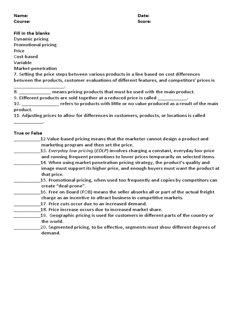 Pricing Strategies Quiz and Concepts | PDF