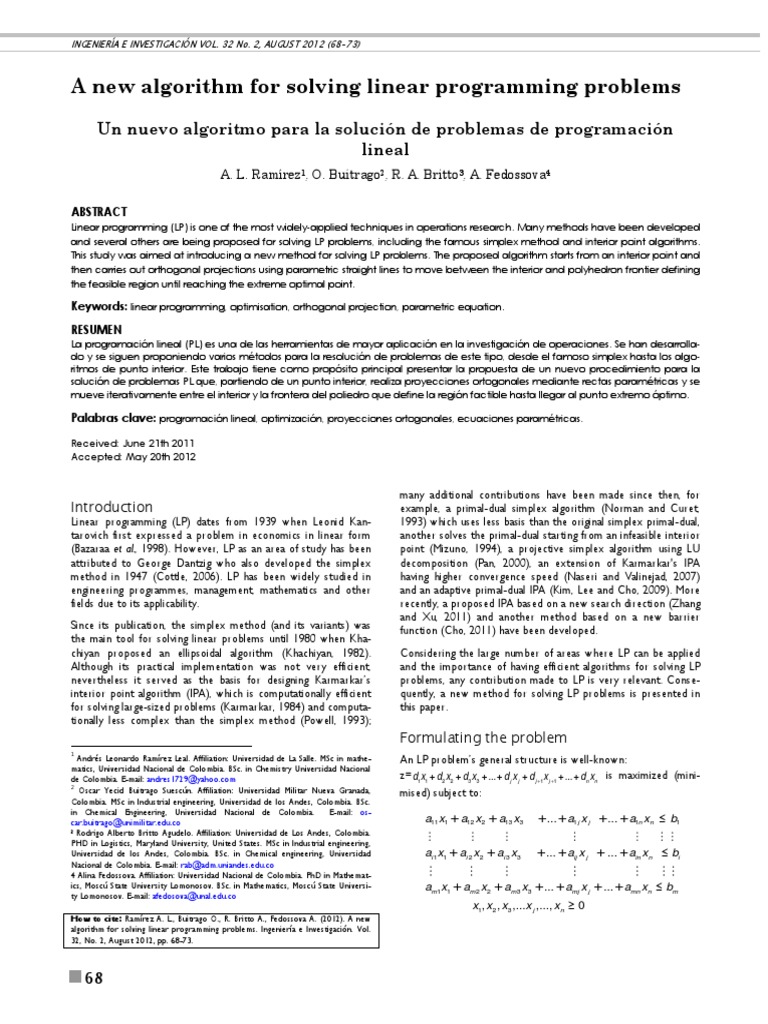 A New Algorithm For Solving Linear Programming Problems Pdf Linear Programming
