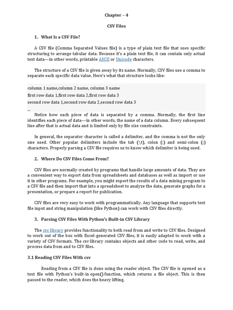 Ascii Unicode: Chapter - 4 CSV Files 1. What Is A CSV File? | PDF | Comma Separated Values ...