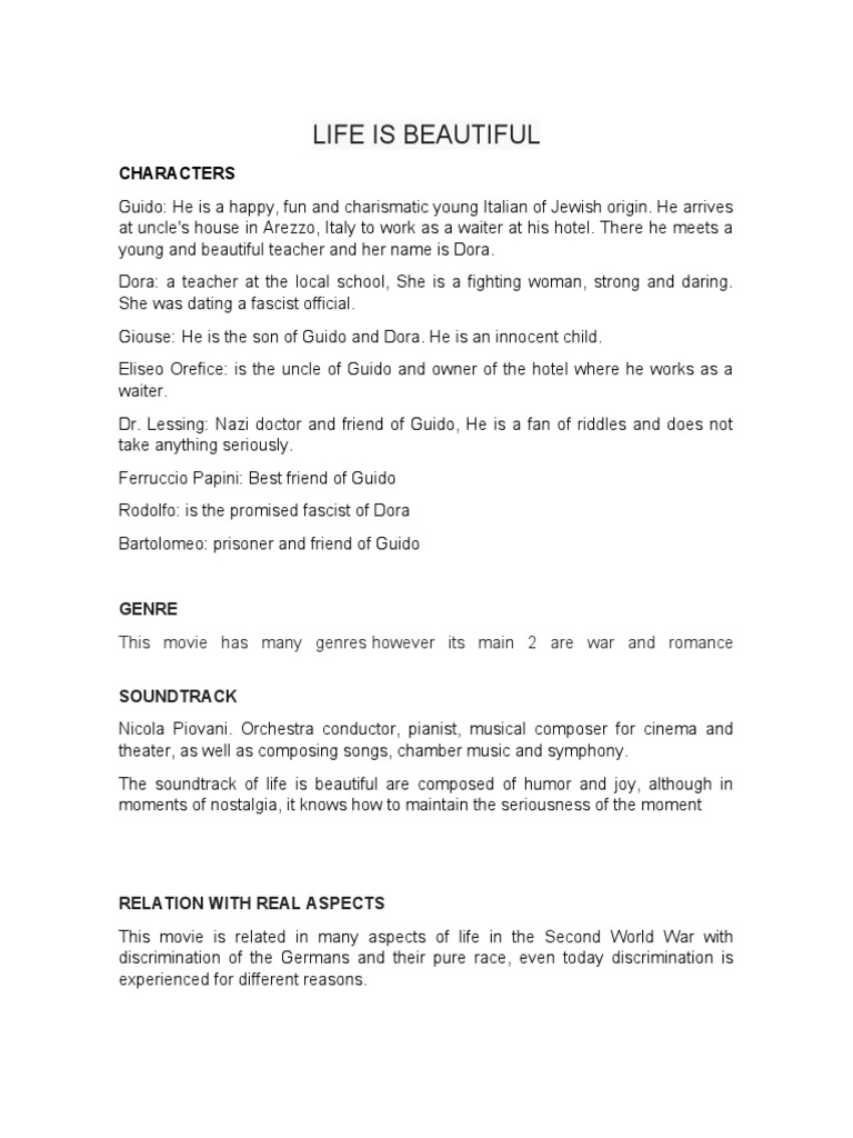 Life Is Beautiful: Characters | PDF | Entertainment (General) | Unrest
