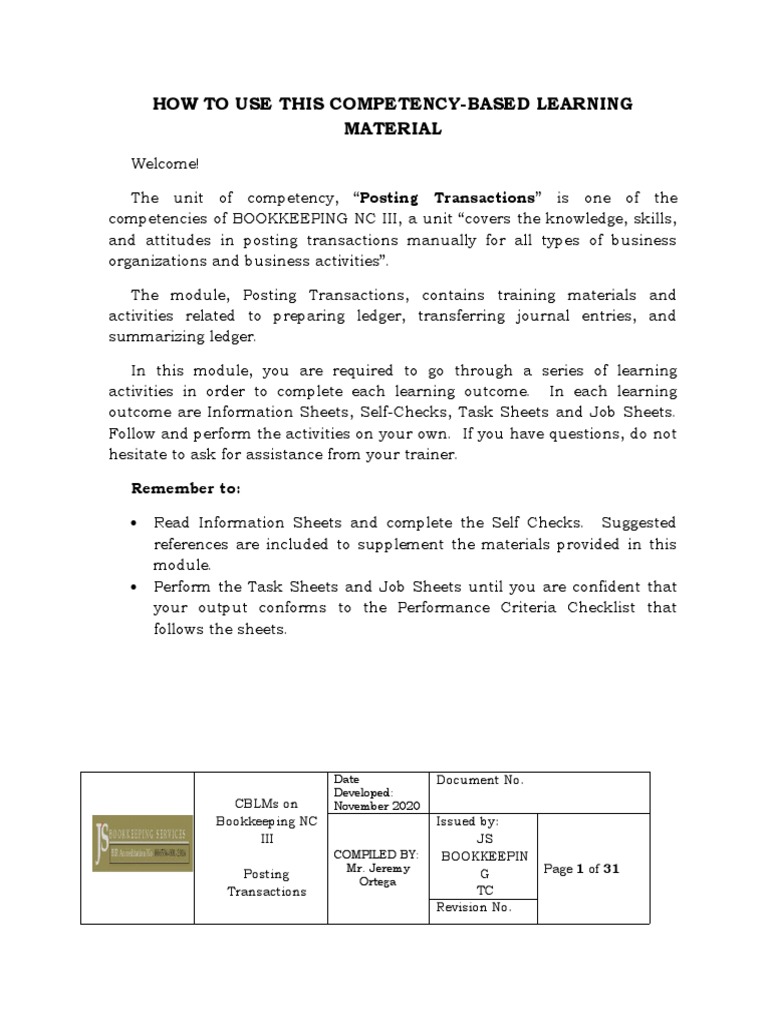 How To Use This Competency-Based Learning Material | PDF | Bookkeeping ...