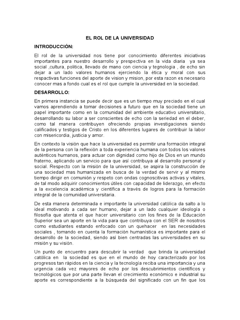 Ensayo 1 El Rol de La Universidad Humanismo Universidad y Cultura | PDF ...