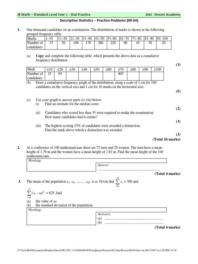 Descriptive Statistics - Practice Problems (99-04) : IB Math - Standard ...